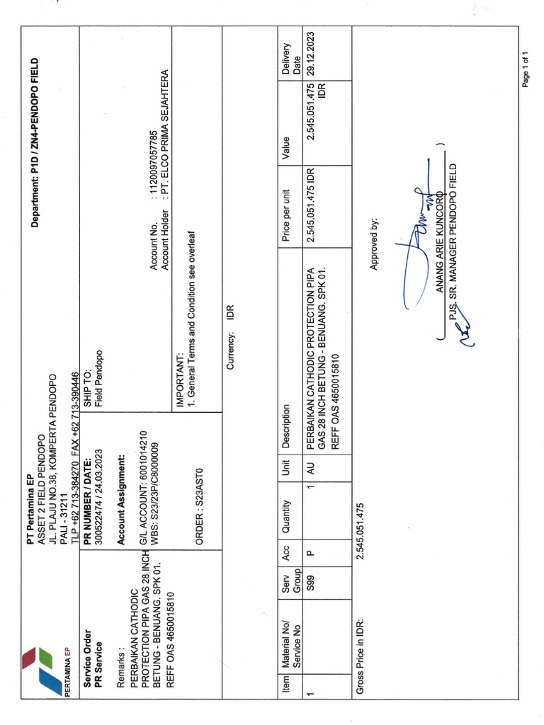 SPK Perbaikan Cathodic Protection Pipa Gas 28 Inch Betung - Benuang | PDF
