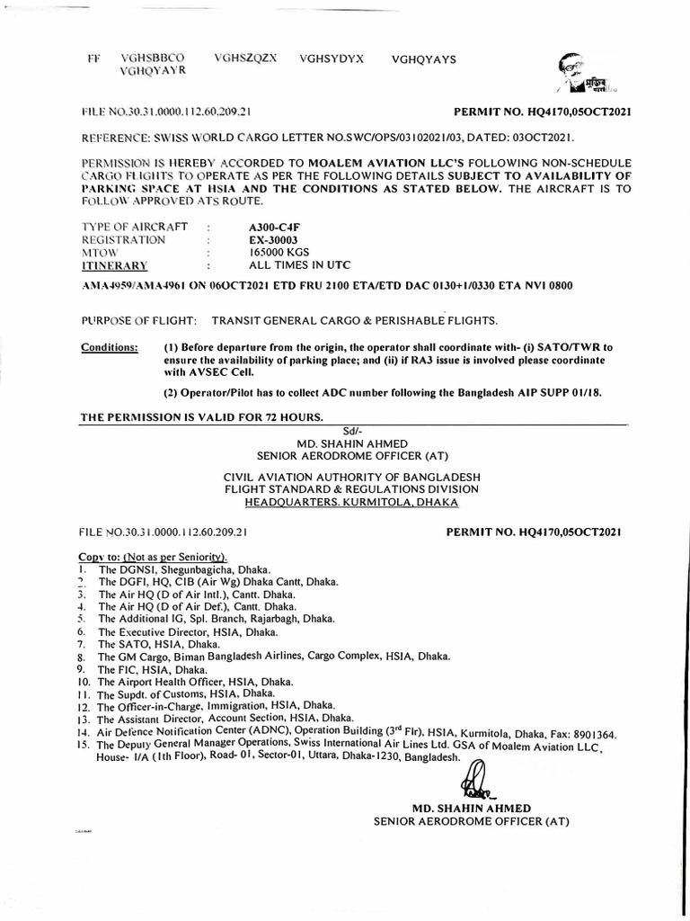 Moalem Aviation DAC Landing Permit For 06OCT2021 | PDF | Transport ...
