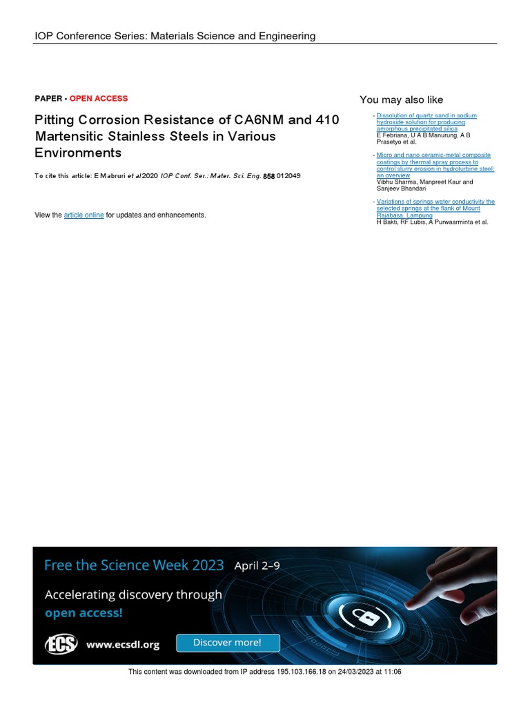 Pitting Corrosion Resistance of CA6NM and 410 Martensitic Stainless ...