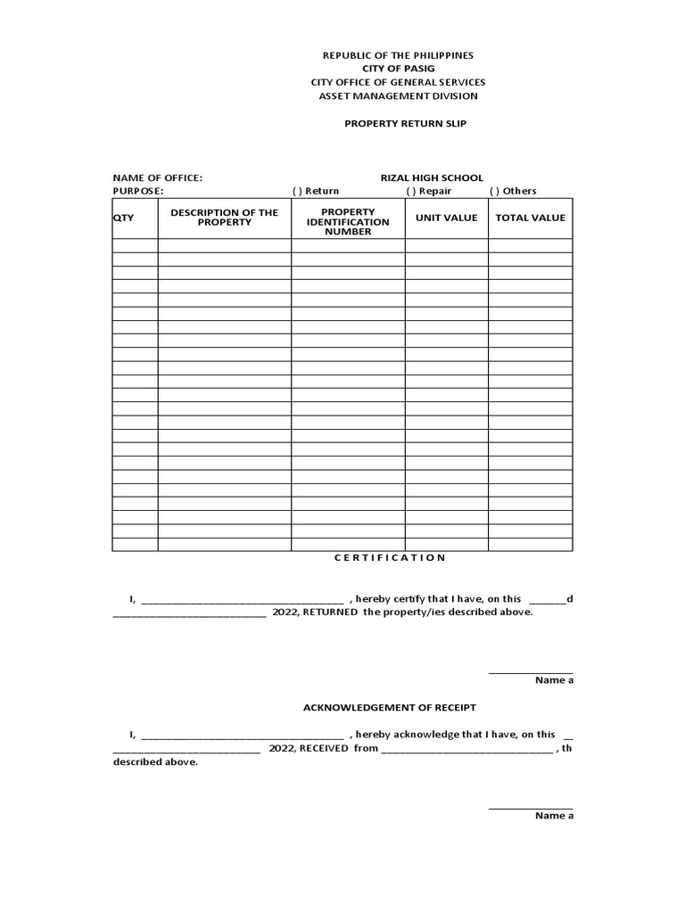Property Return Slip For Gadget | PDF