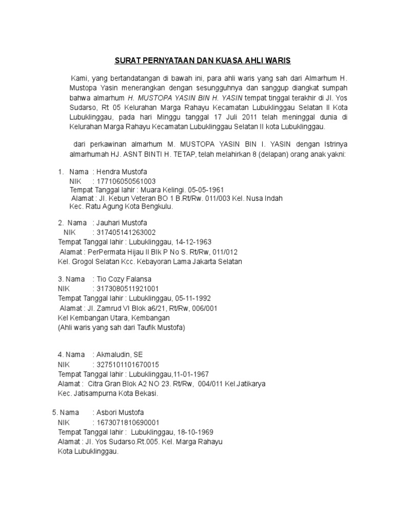 Surat Pernyataan Dan Kuasa Ahli Waris | PDF Surat Pernyataan Dan Kuasa Ahli Waris | PDF