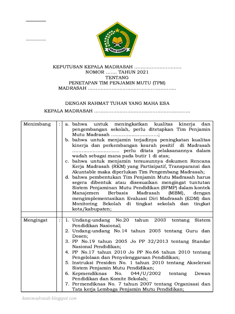 Contoh SK Tim Penjaminan Mutu - Kamimadrasah | PDF