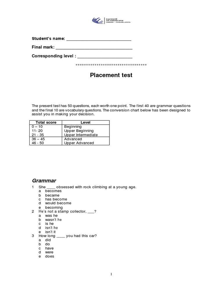 Upper Intermediate and Advanced Placement Test UM6SS + Composition | PDF