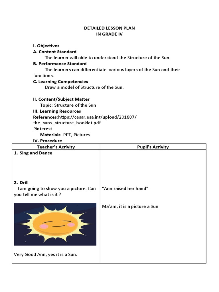 Grade IV Lesson Plan: Structure of the Sun | PDF | Sun | Radiation