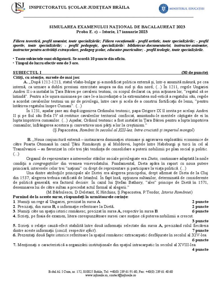 Subiect Pentru Simularea Examenului Național de Bacalaureat Istorie ...