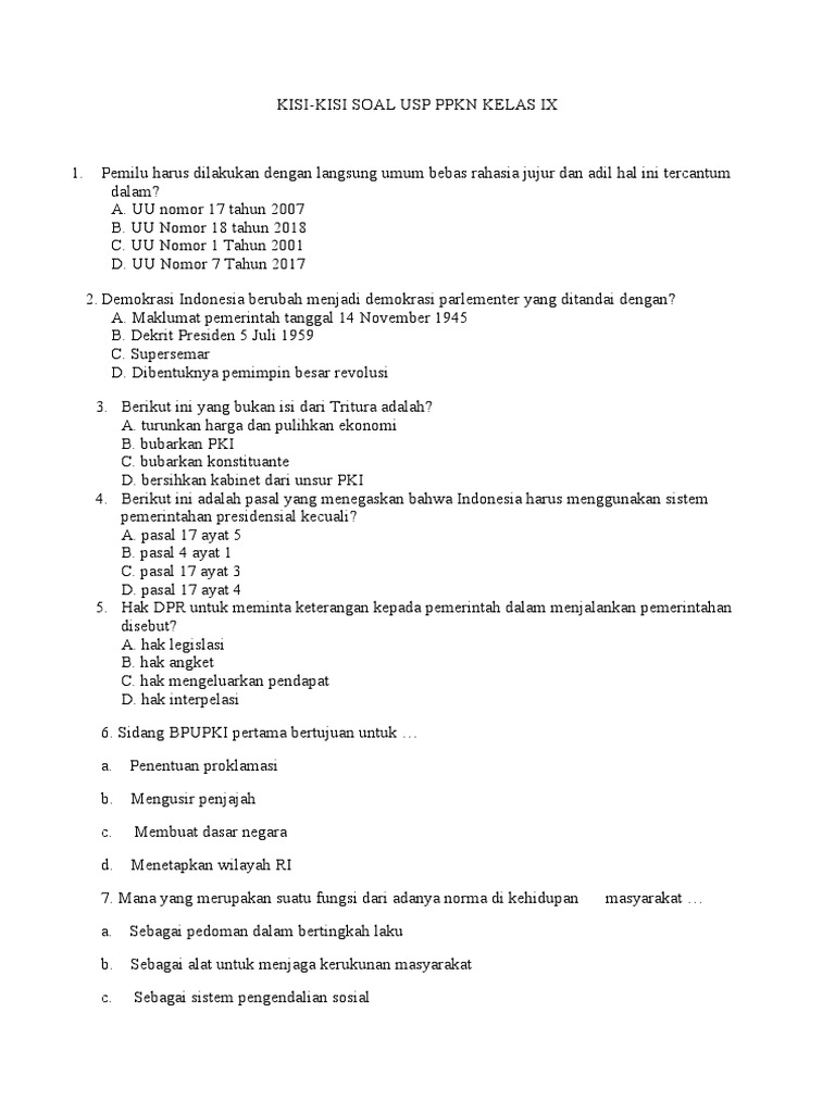 Kisi-Kisi Soal PPKN | PDF