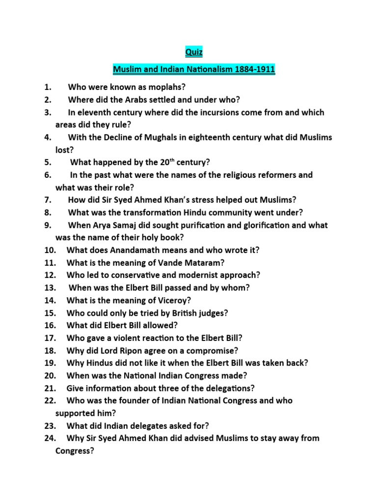 Hindu and Muslim Nationalism Quiz!! | PDF | All India Muslim League ...