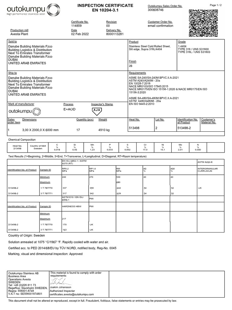 Ss 316l 3.0 MTC New | PDF | Building Materials | Materials