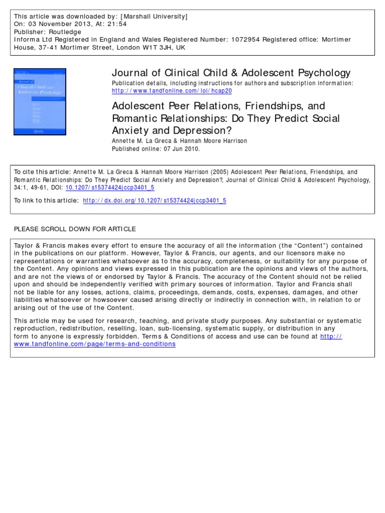 Adolescent Peer Relations, Friendships, and Romantic Relationships ...