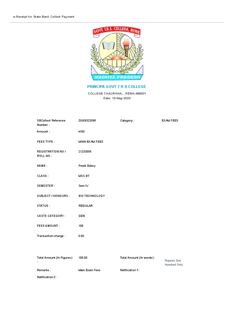 Receipt for College Exam Fees Payment Through SBCollect | PDF