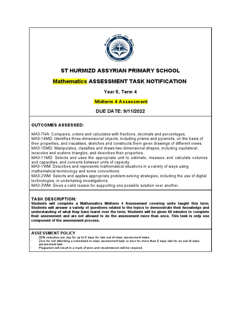 ST Hurmizd Assyrian Primary School Mathematics Assessment Task ...