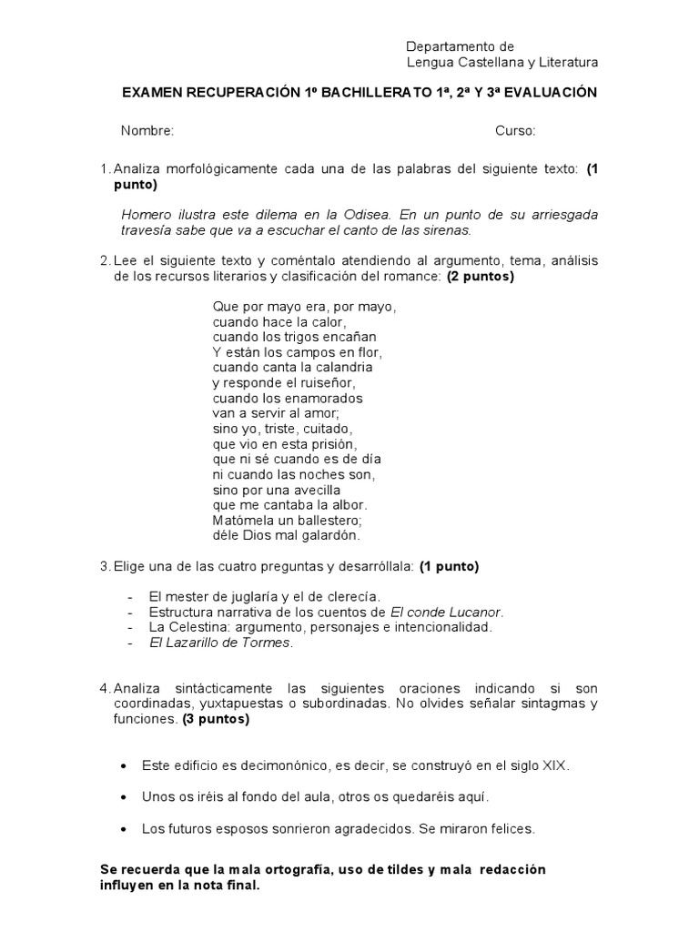 Examen recuperación 1o Bachillerato Lengua Castellana | PDF