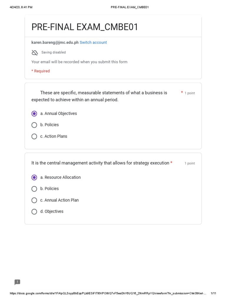 Pre-Final Exam - Cmbe01 | PDF | Strategic Management | Business Economics