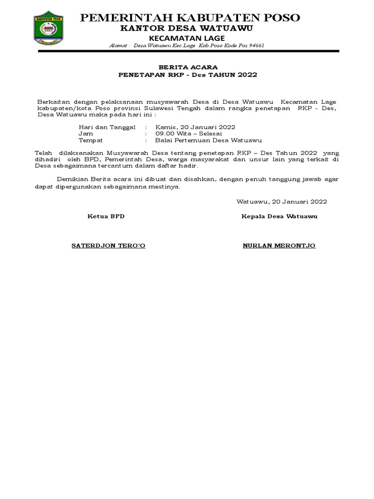 Berita Acara Penetapan RKP - Des | PDF