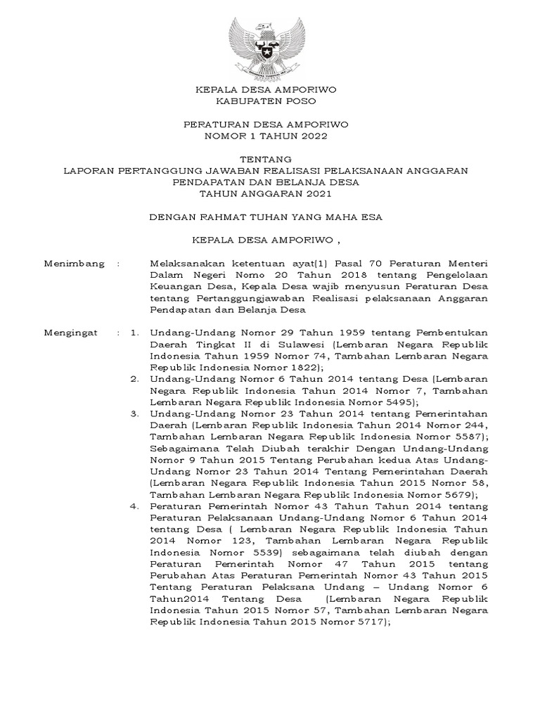 Nomor 1 Perdes Laporan Pertanggung Jawaban & Realisasi Tahun Anggaran 2021 Lapor 2022 | PDF