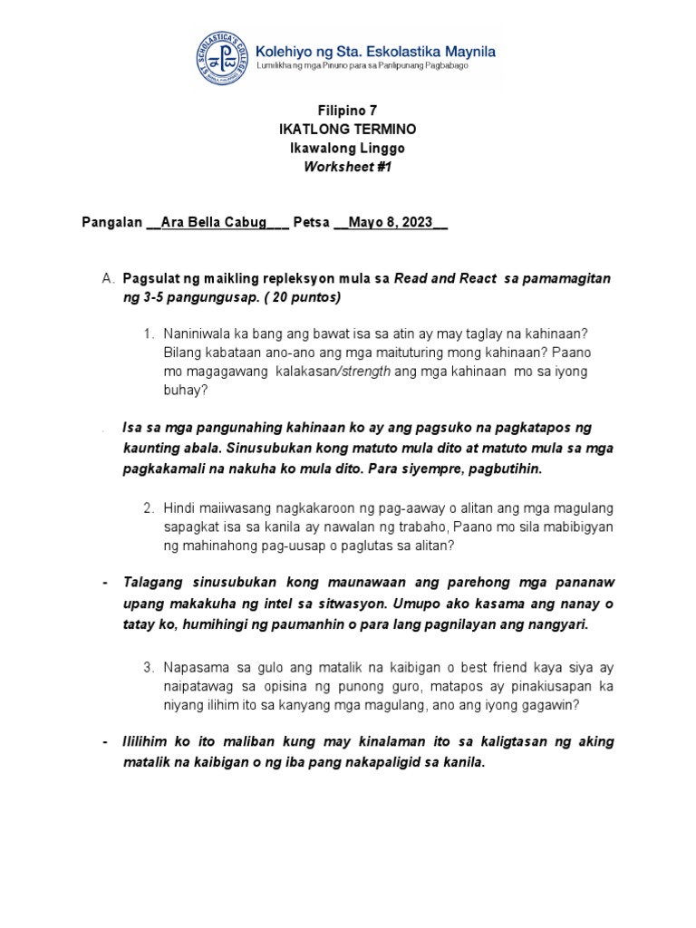 Ara Bella Cabug - Pagpapalalim - Pagtataya - Blg. 1 | PDF