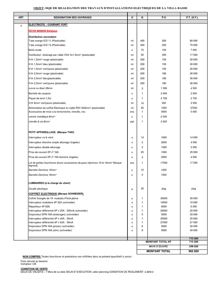DQE D'installation Electrique | PDF