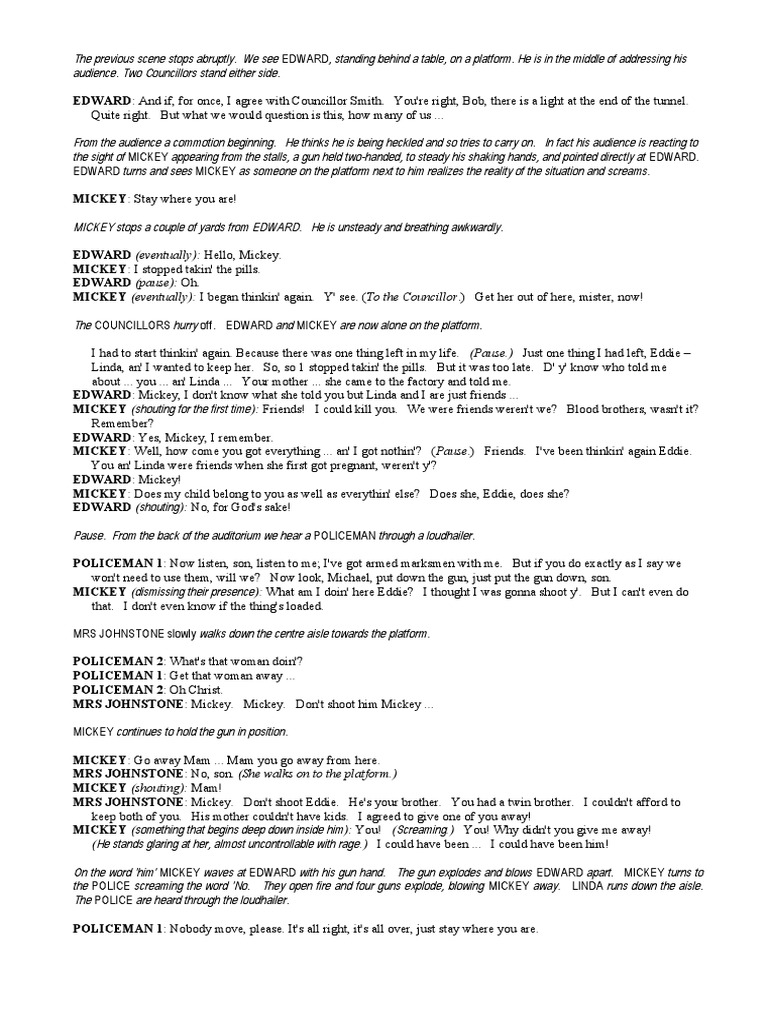 Blood Brothers Final Scene Analysis | PDF | Mystery, Thriller & Crime ...