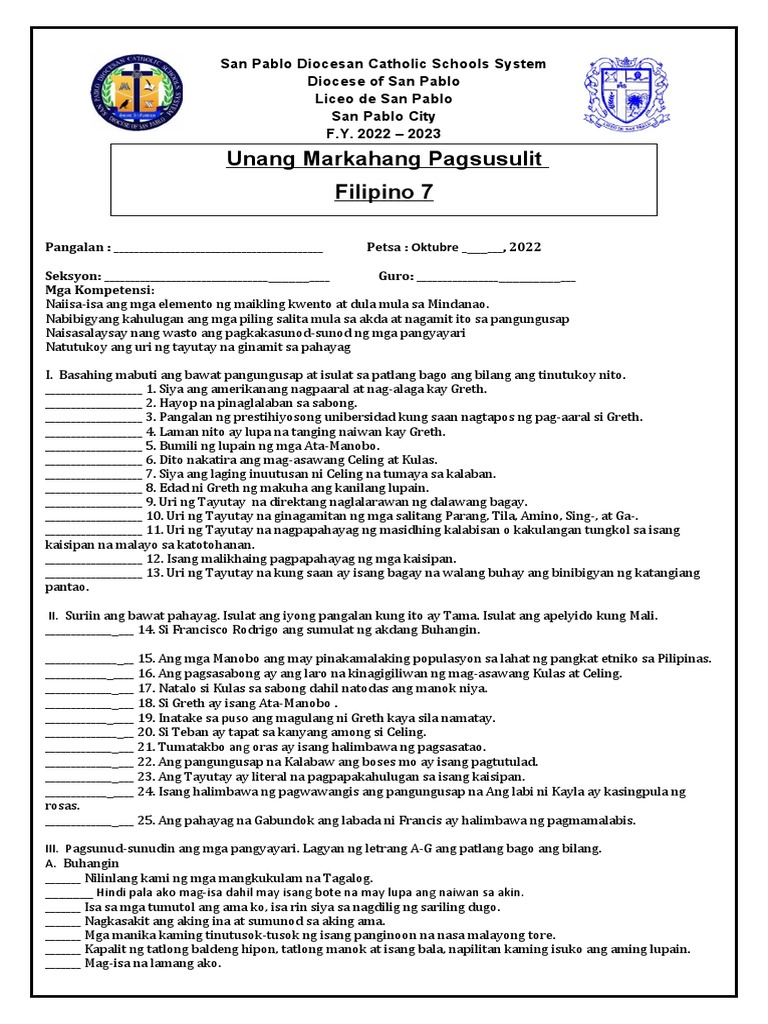 Unang Markahang Pagsusulit Filipino 7 | PDF