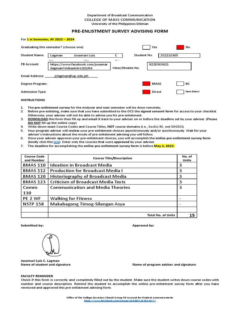 LAGMAN - DBC - PRE-ENLISTMENT SURVEY ADVISING FORM - 1st Sem AY 23-24 ...