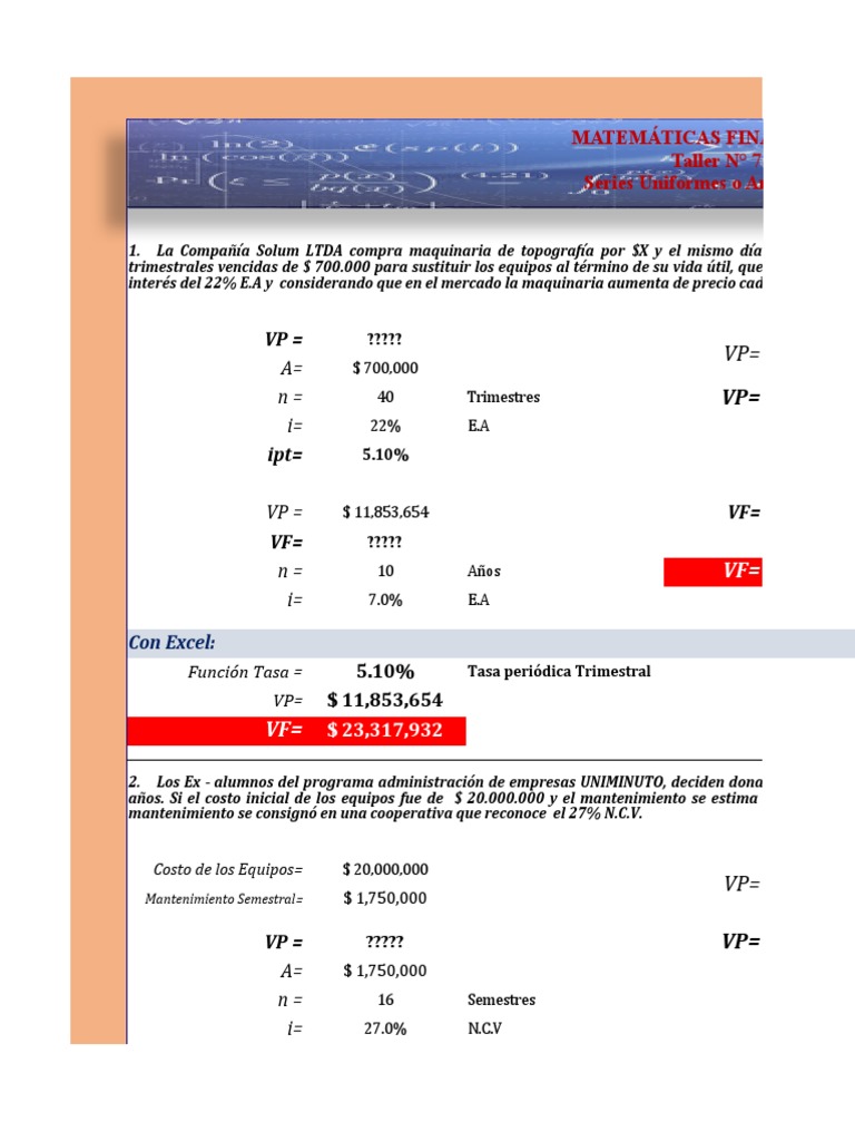 Taller #9 - Series Uniformes o Anualidades - Resuelto | PDF