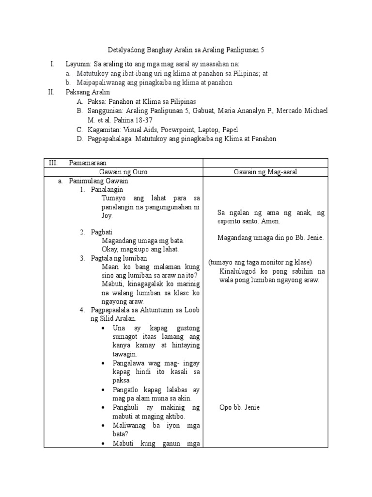 Banghay Aralin Sa Araling Panlipunan 5 | PDF