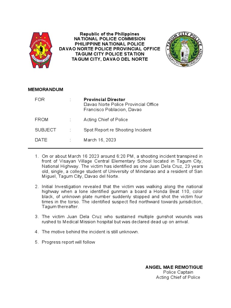 Spot Report: Shooting Incident in Tagum | PDF