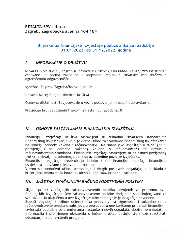Biljeske Uz Financijske Izvjestaje 2022 | PDF