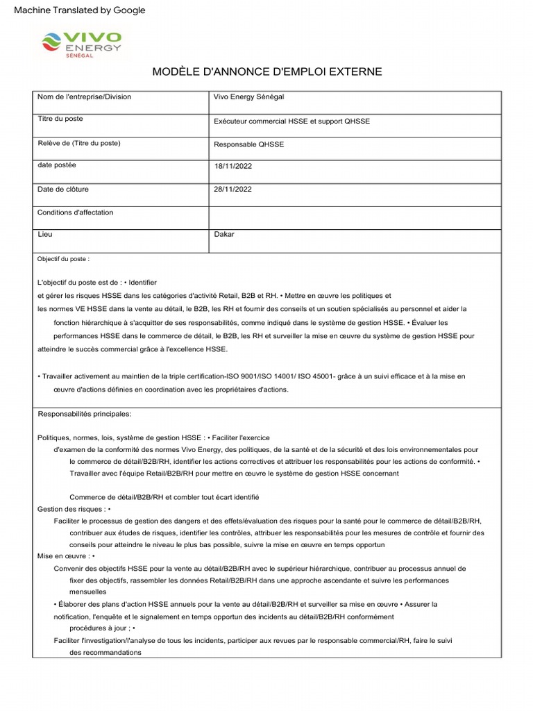 Job Description - Commercial HSSE Implementer & QHSSE Support | PDF