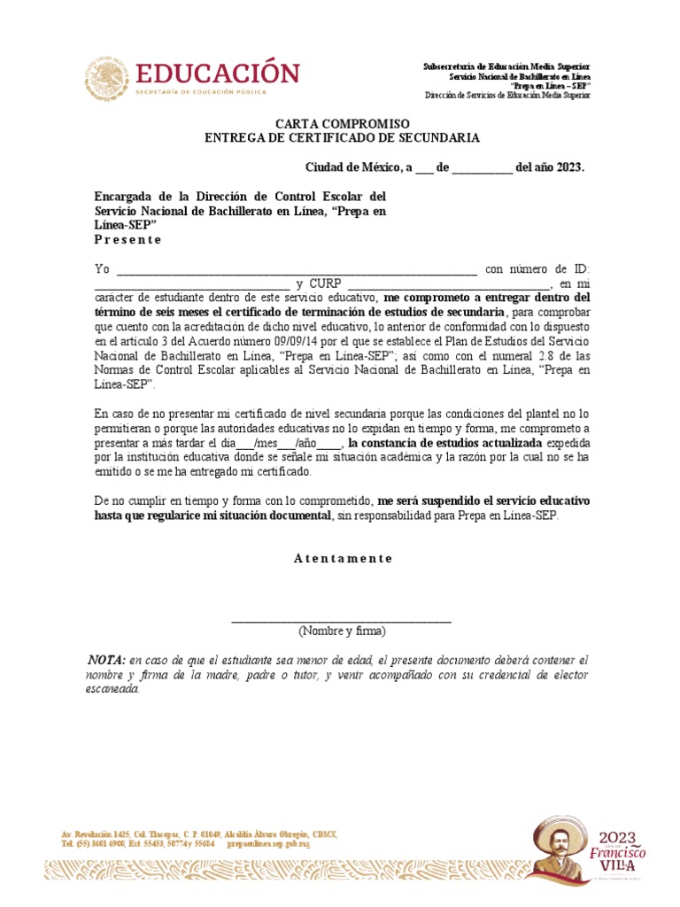 Carta Compromiso: Entrega Certificado Secundaria | PDF