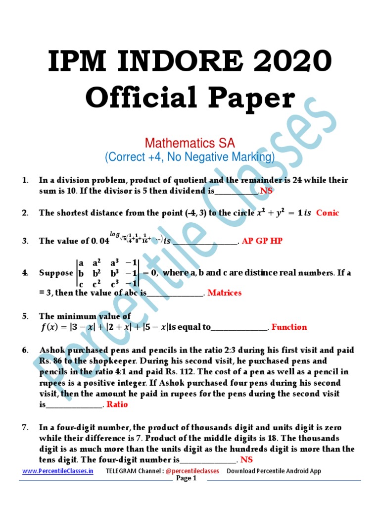 IPM Indore 2020 Original Paper With Answer Key | PDF | Investing | Stocks