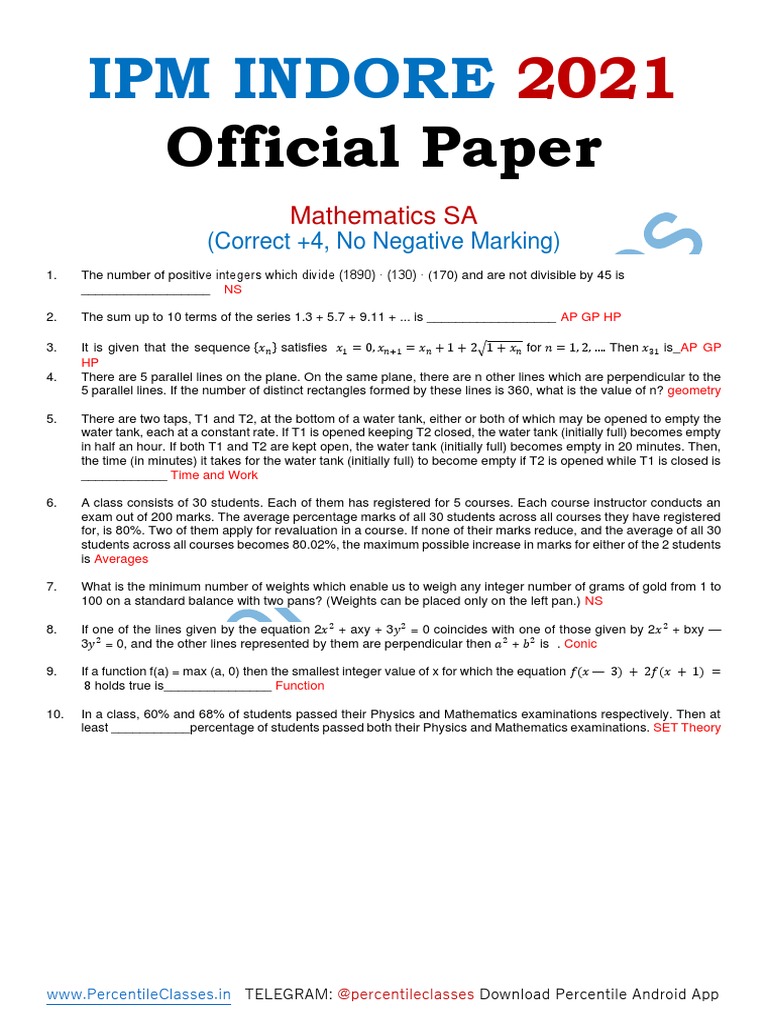 IPM Indore 2021 Original Paper With Answer Key | PDF | Logarithm | News