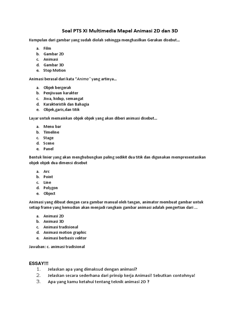Soal PTS XI Multimedia Mapel Animasi 2D Dan 3D Semi Fix | PDF