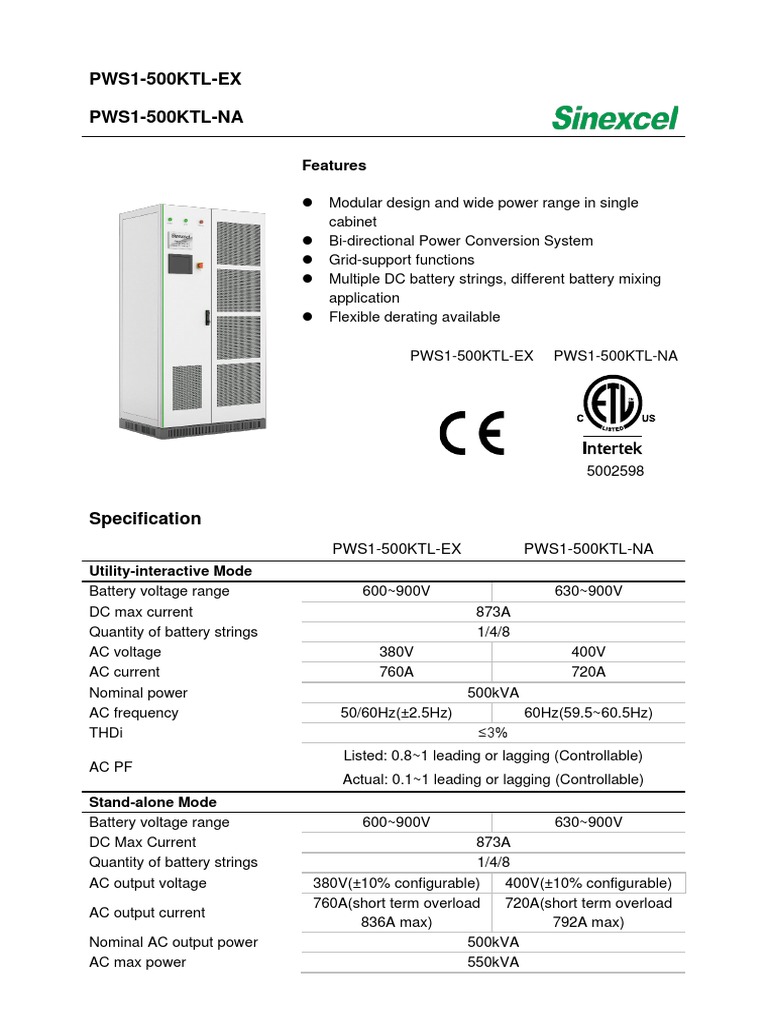 Sinexcel PWS1-500KTL-EX Specifications | PDF | Alternating Current ...