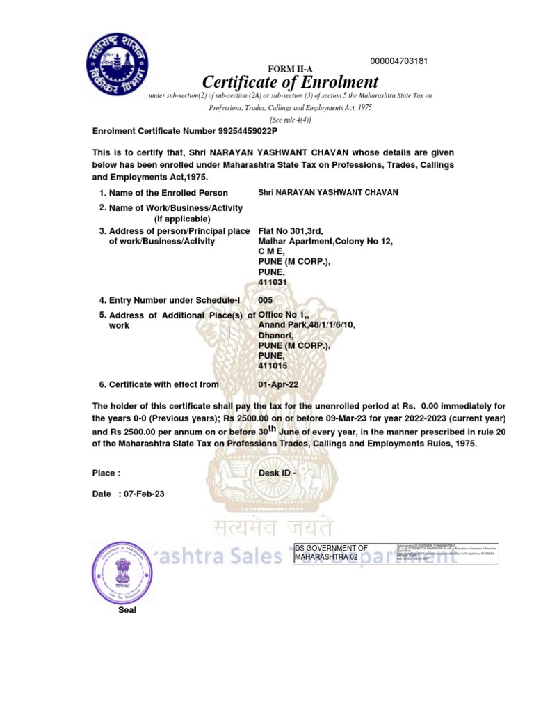 Certificate of Enrolment: Form Ii-A | PDF