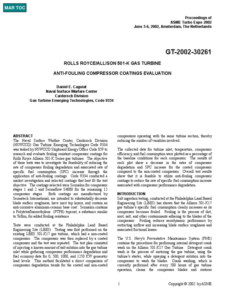 Rolls Royce/Allison 501-K Gas Turbine Anti-Fouling Compressor Coatings ...