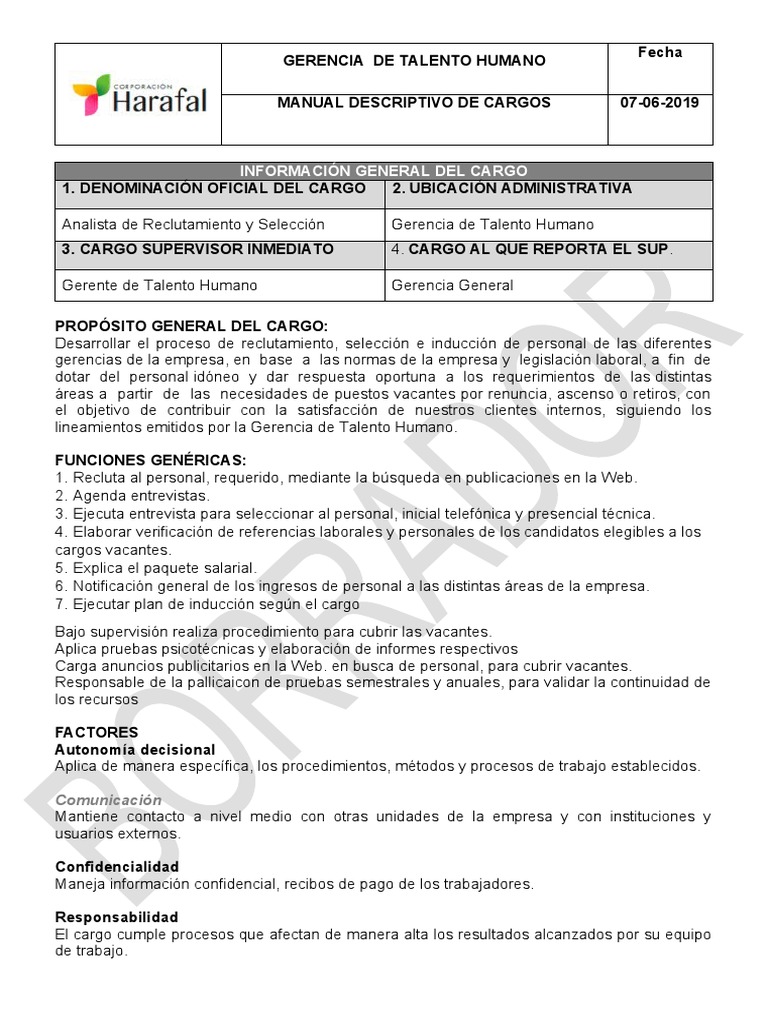 Manual de Cargo y Procesos-Analista de Reclutamiento y Seleccion | Descargar gratis PDF ...