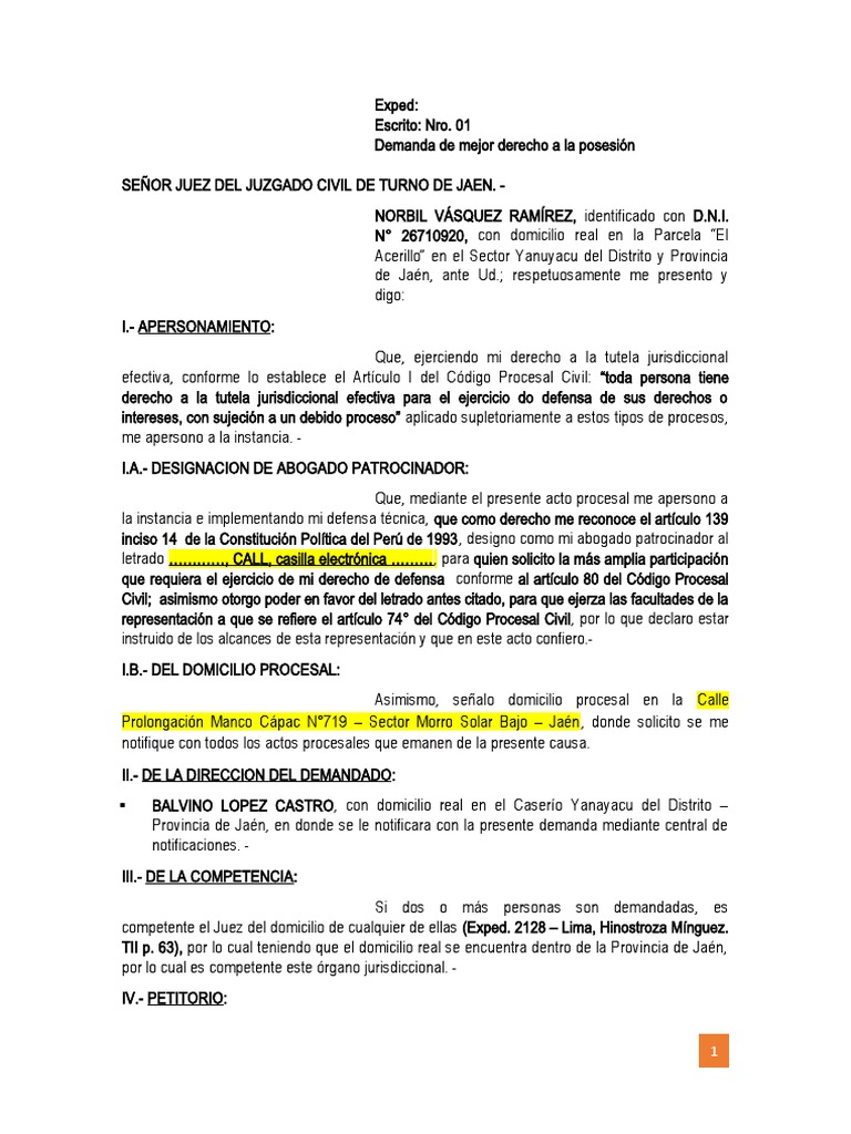 Demanda de Mejor Derecho de Posesión | PDF | Ley procesal | Demanda ...