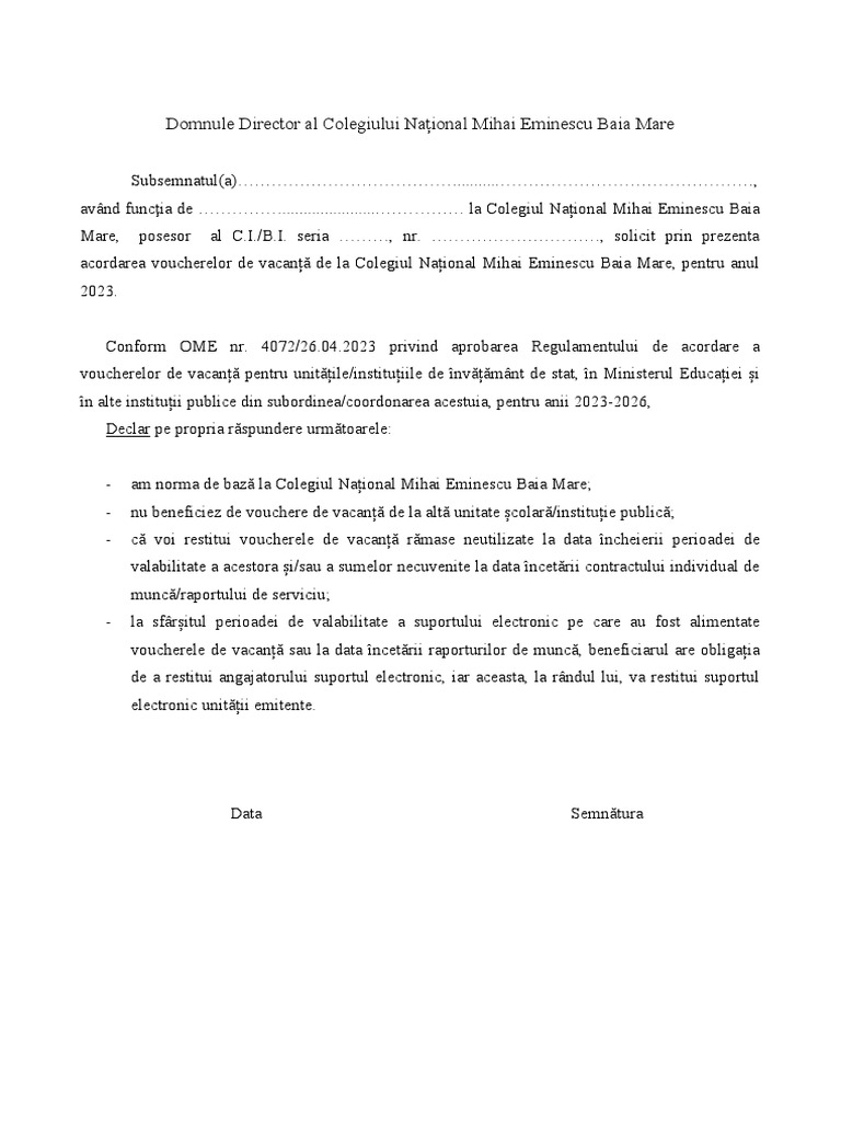 Cerere acordare vouchere 2023 | PDF