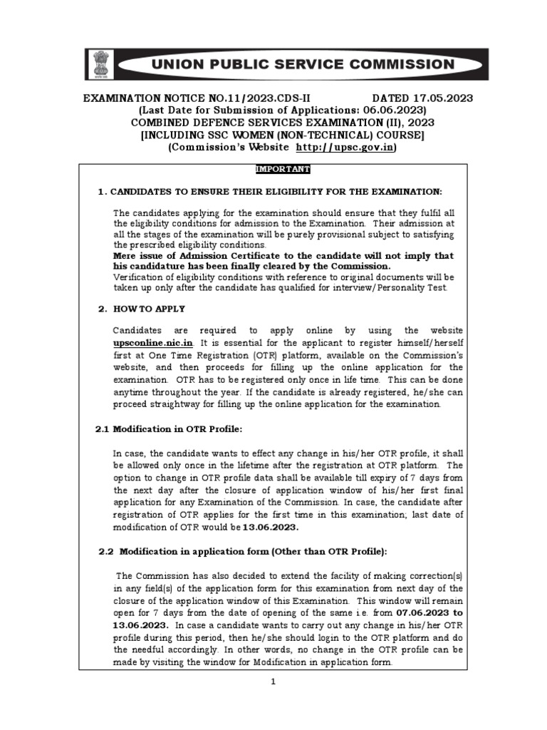 CDS II 2023 Exam Application Guidelines | PDF