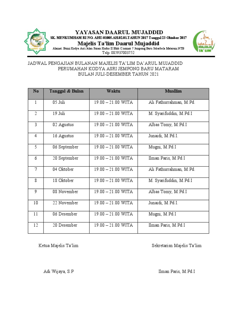 Contoh JADWAL Pengajian | PDF