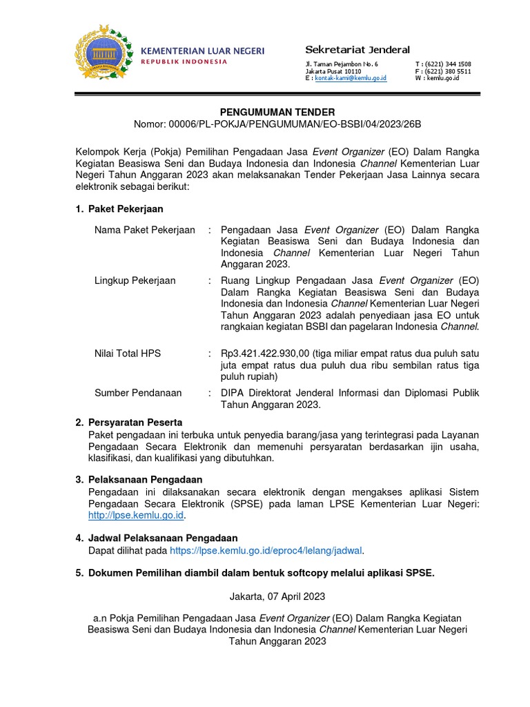 Pengumuman Tender EO BSBI 2023 Final | PDF