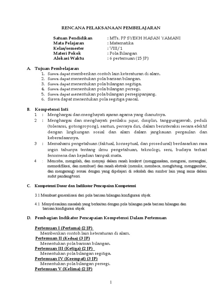 RPP Pola Bilangan | PDF