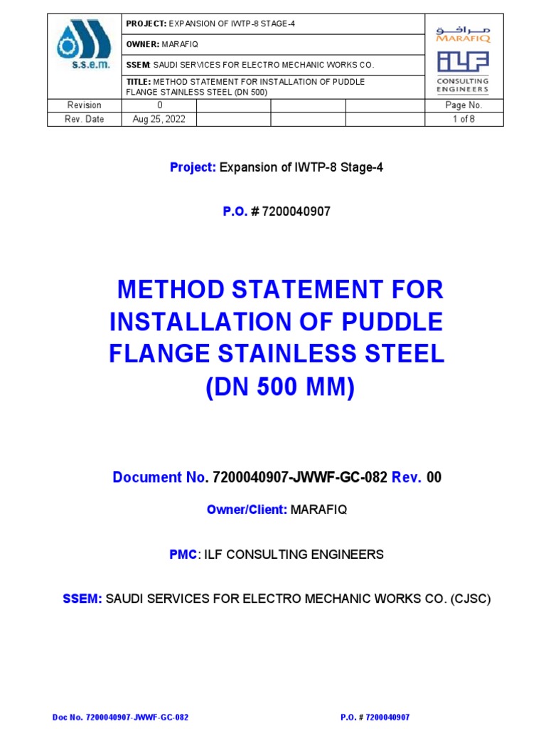 Method Statement For Installation of Puddle Flange DN 500 | PDF