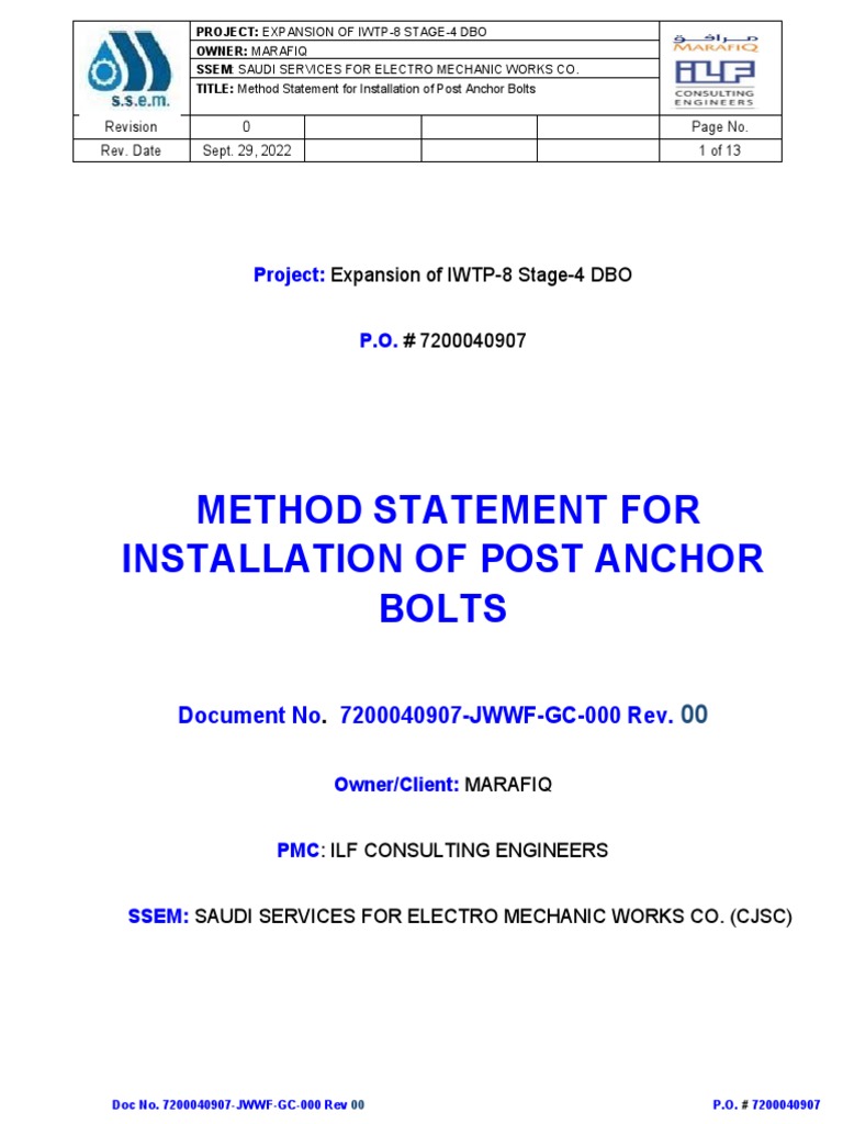Method Statement For Post Anchor Bolts | PDF