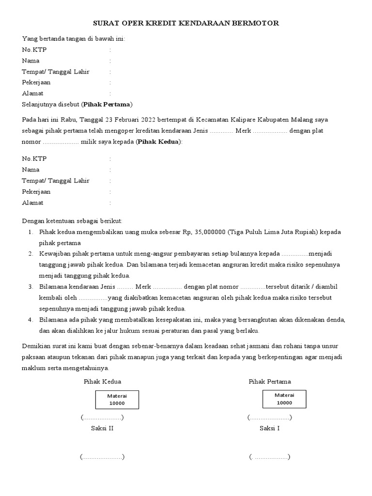 Surat Oper Kredit Kendaraan Bermotor | PDF | Hukum