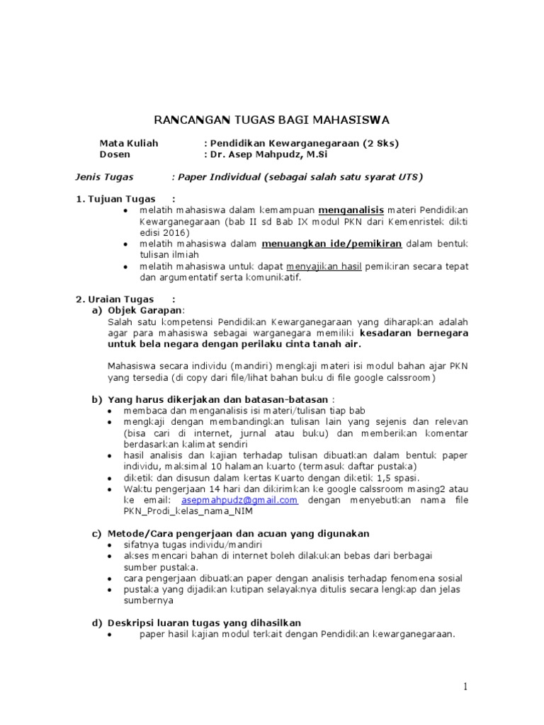 Rancangan Tugas Uts Bagi Mahasiswa - PKN - 2020 | PDF