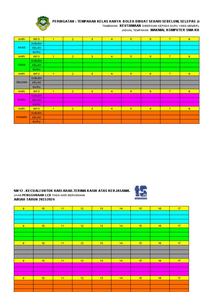 Template Jadual Tempahan Bilik | PDF