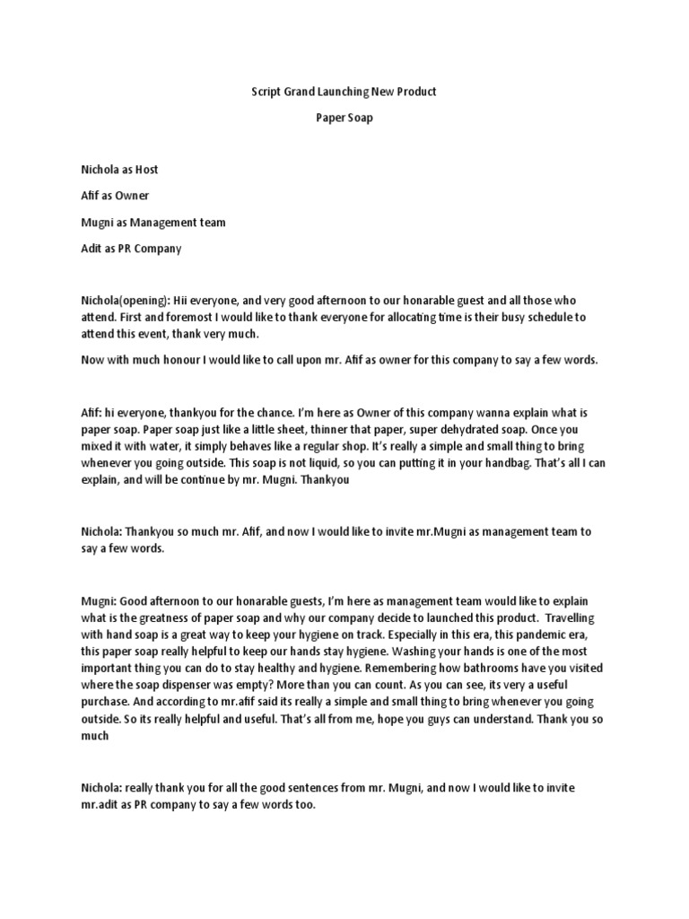 Script Grand Launching Paper Soap New Product Group 11 | PDF | Career & Growth | Business