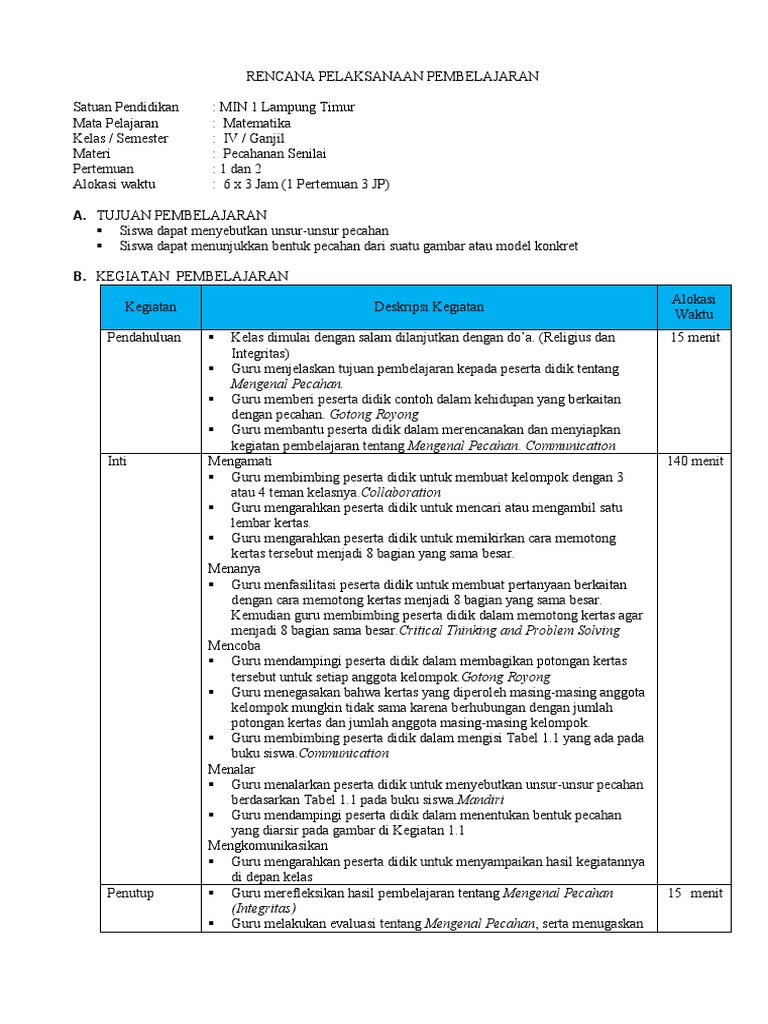 Rpp Mtk Kelas 4 Sem 1 | PDF